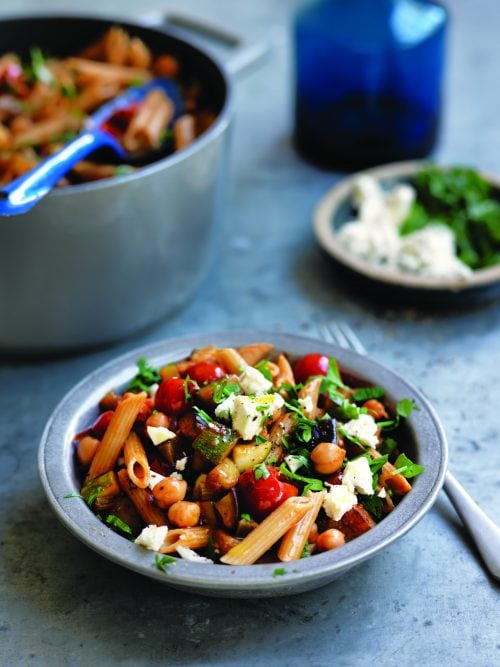 Pasta with eggplant, tomato, chickpeas and feta - My Everyday Wellbeing