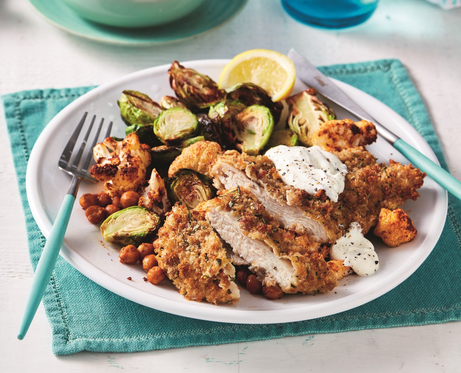 Air-fryer rosemary and rye crumbed chicken schnitzel with crispy Brussels sprouts - My Everyday ...